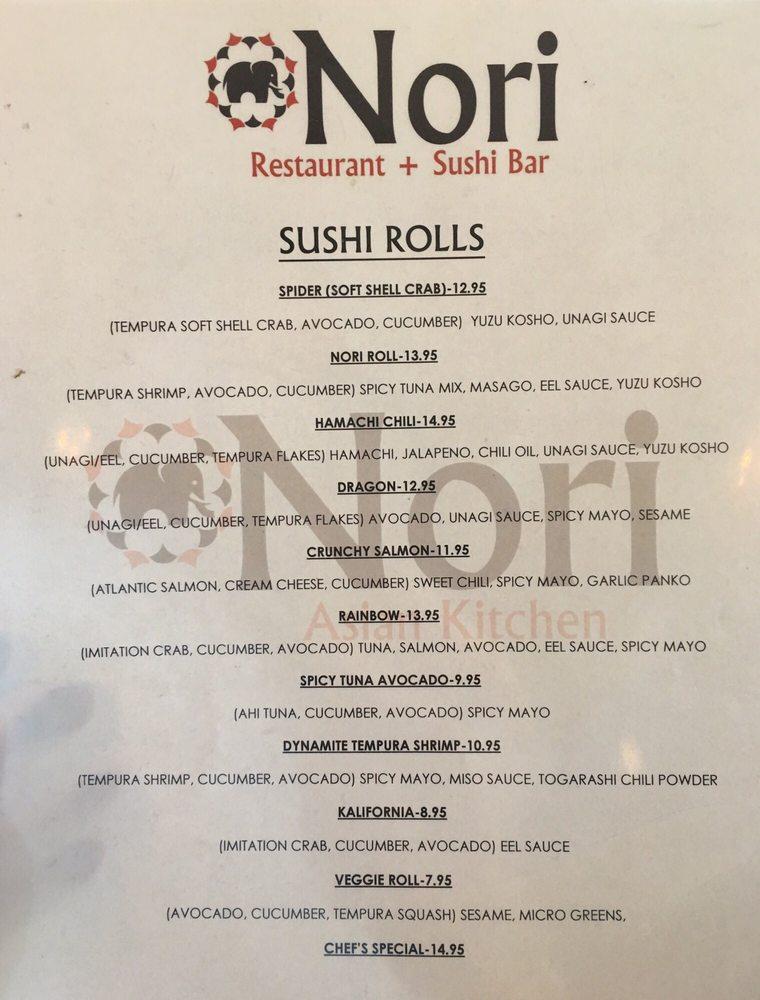Menu at Nori Downtown restaurant, Oroville