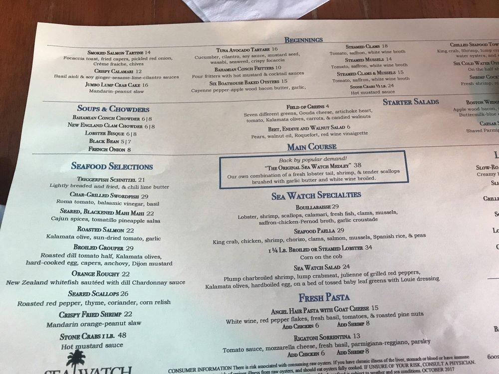 Menu at Sea Watch On the Ocean restaurant, Sea Ranch Lakes