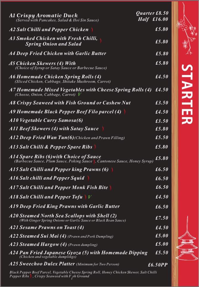 Menu at Sweechoo Chinese Restaurant, Bedlington