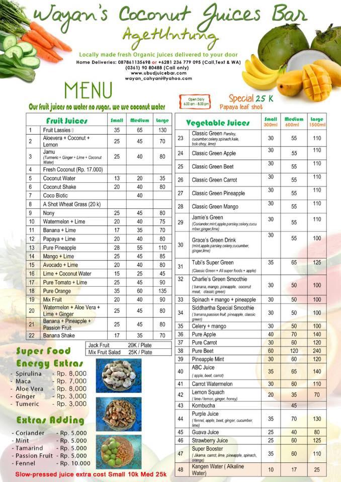 Menu at Wayan's Coconut Juice Bar, Ubud