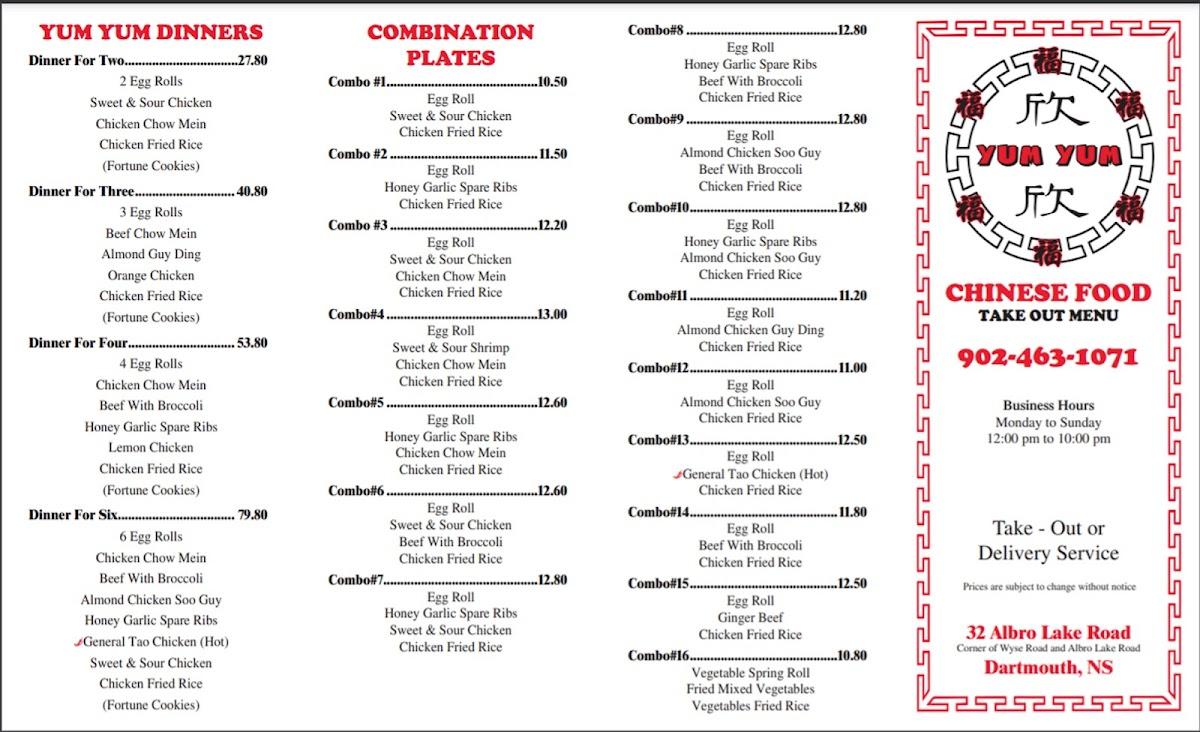 Menu at Yum yum Chinese restaurant, Dartmouth