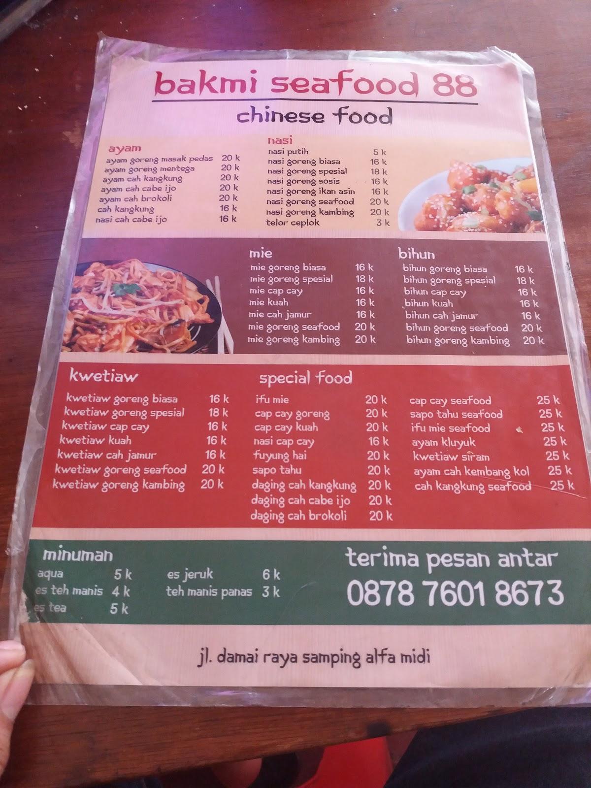 Menu at Bakmi Seafood 88 restaurant, South Jakarta