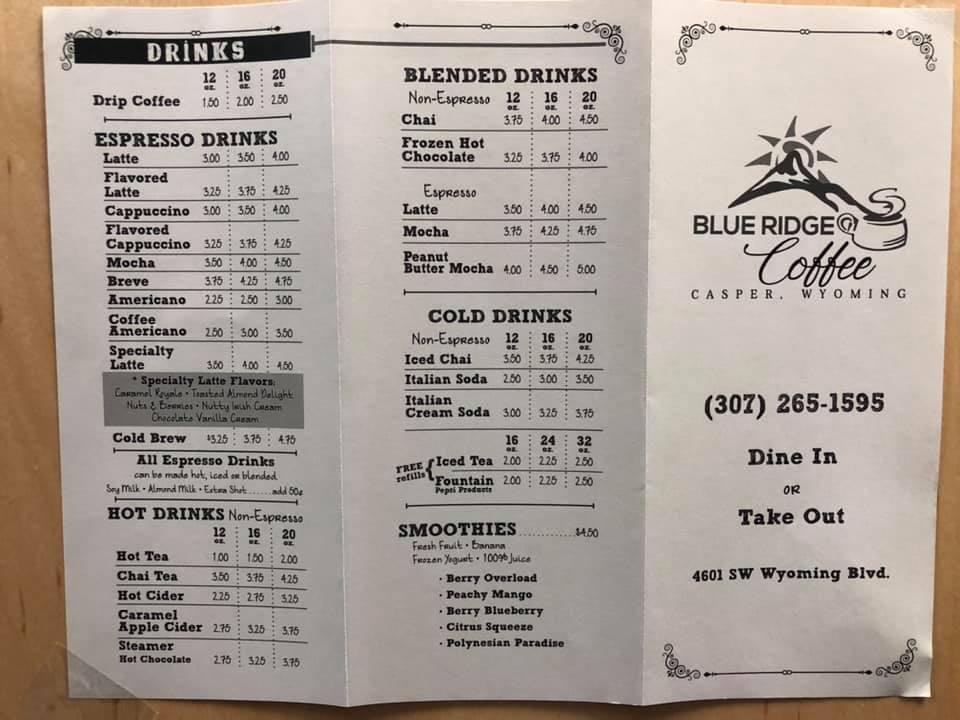 Menu at Blue Ridge Coffee pub & bar, Casper, Wyoming Blvd SW