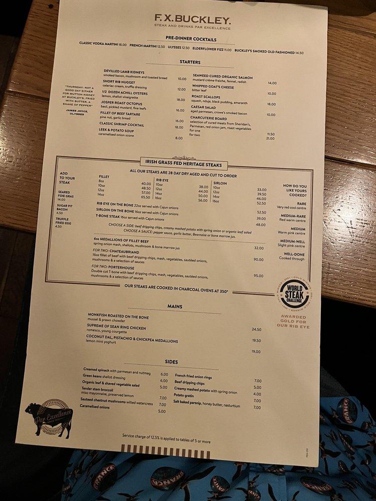 Menu at F.X. Buckley Steakhouse Pembroke Street, Dublin, 1A Pembroke ...