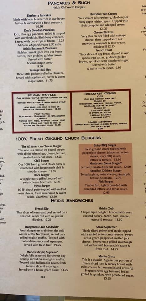 Menu at Heidi's Of Gresham restaurant, Gresham, NE Cleveland Ave