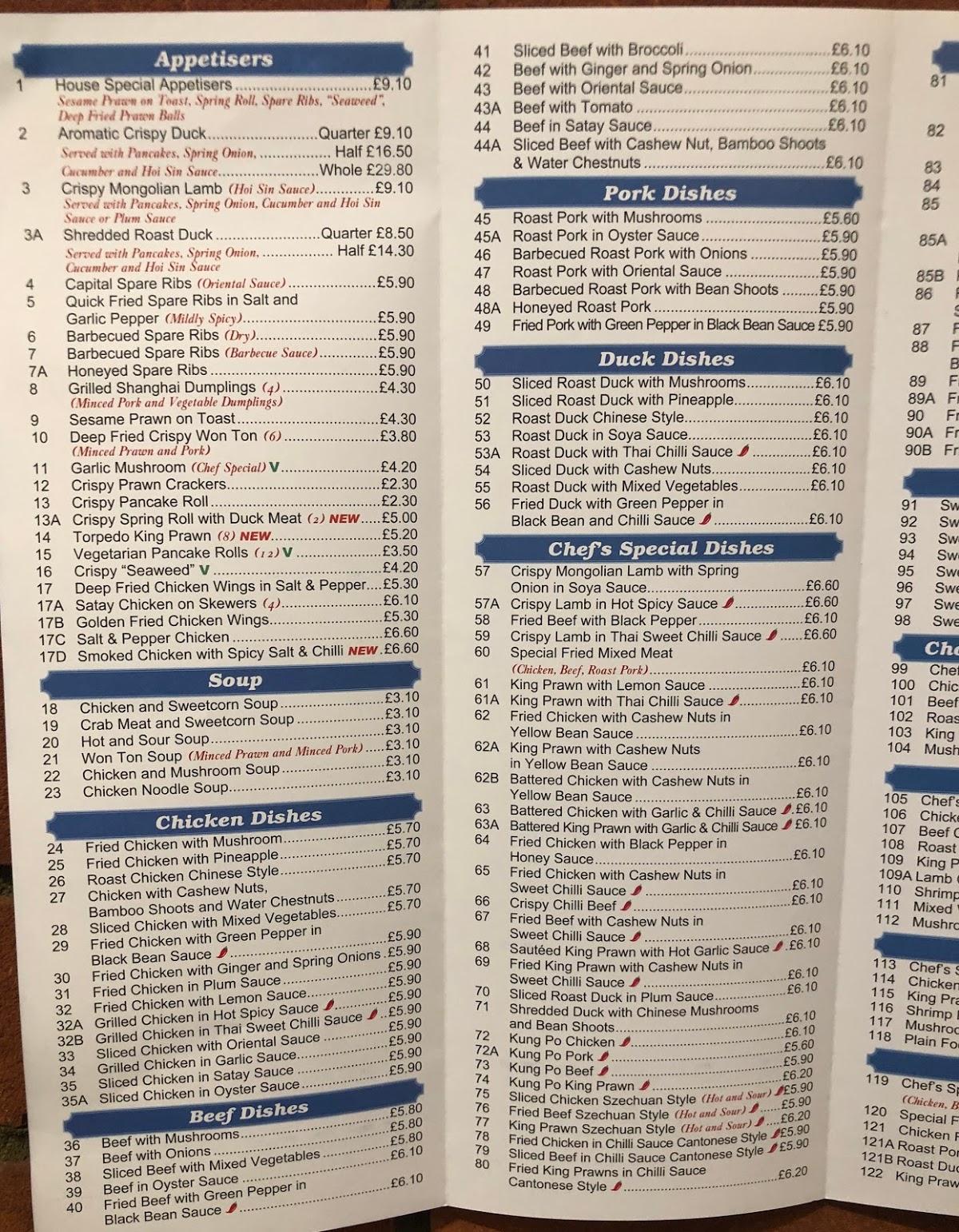 Menu at Hong Kong Chef fast food, Colchester
