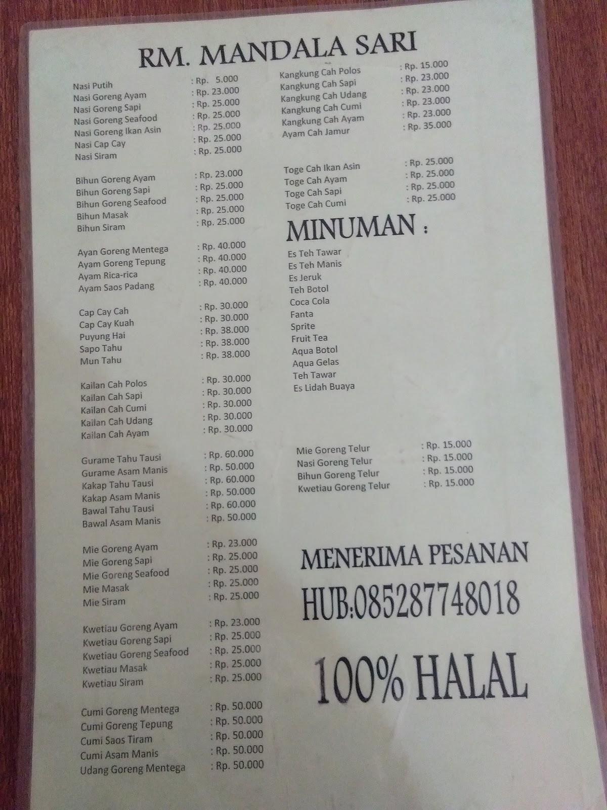 Menu at RM.Mandala Sari restaurant, Cileungsi Kidul
