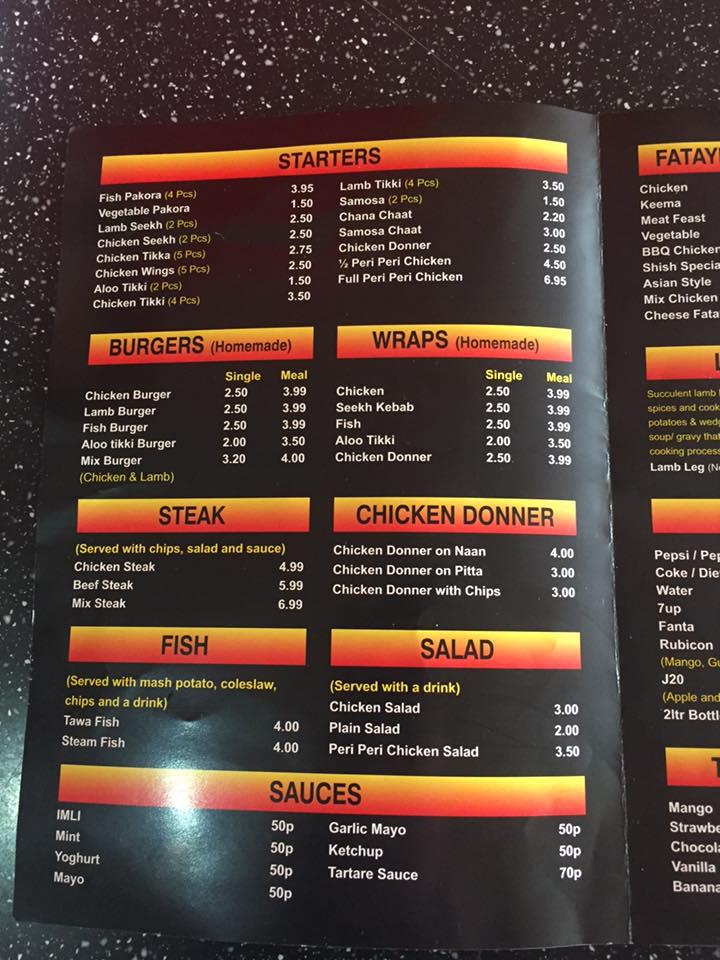 Menu at Shish Cafe, Rochdale