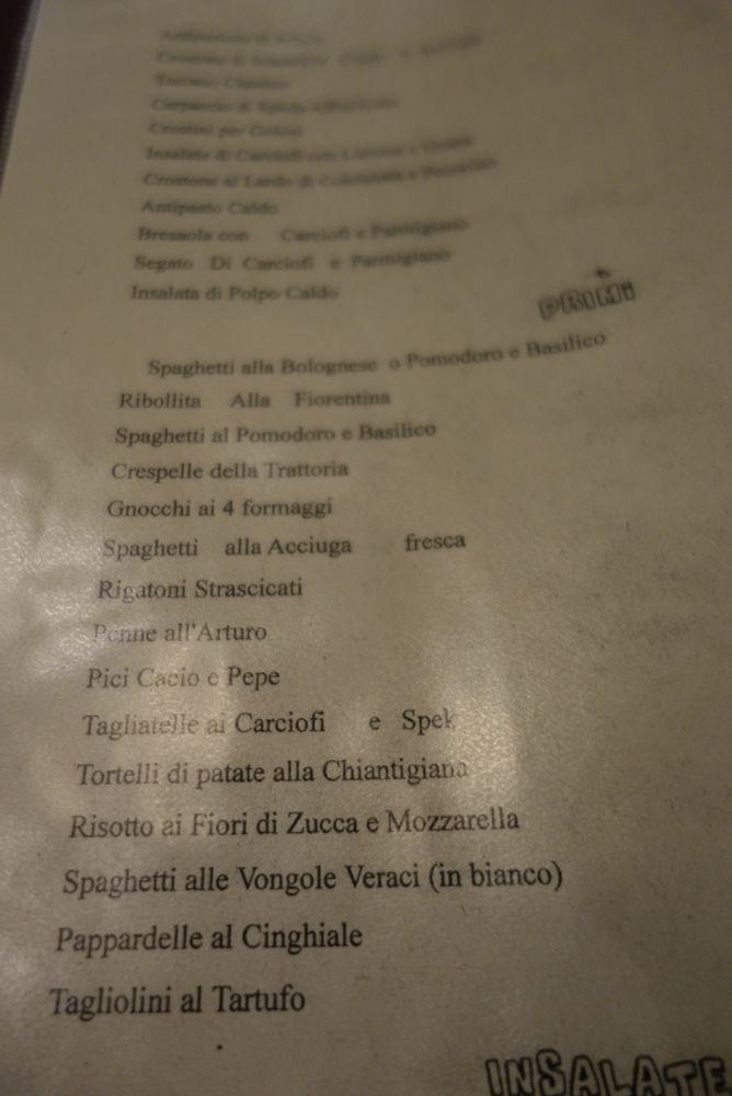 Menu at Trattoria Dell'Orto restaurant, Florence, Via dell'Orto