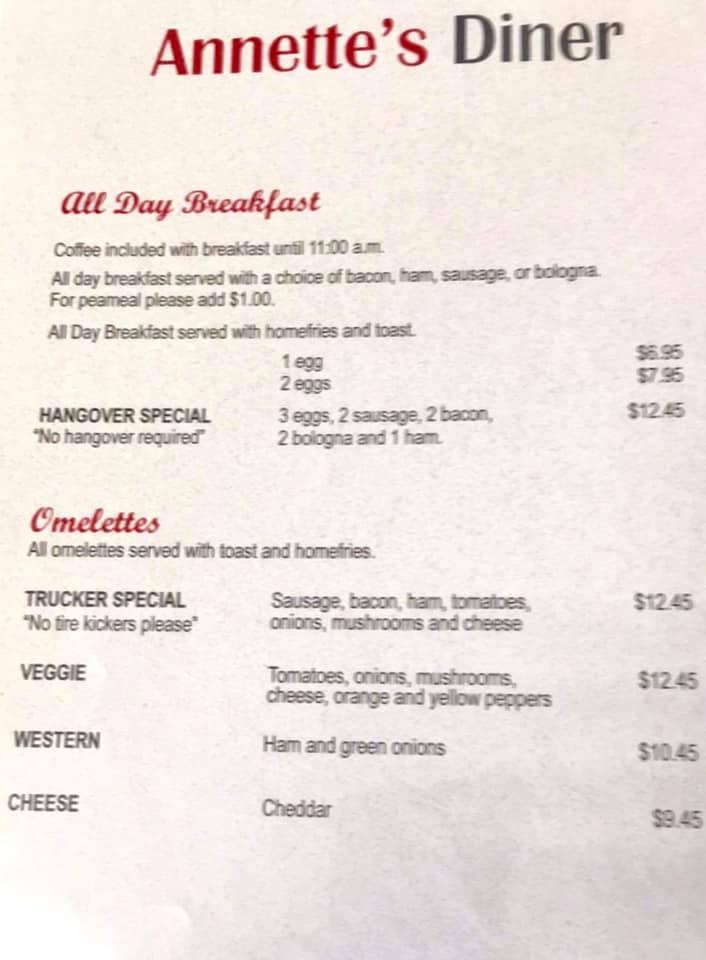 Menu at Annette's Diner restaurant, Canada