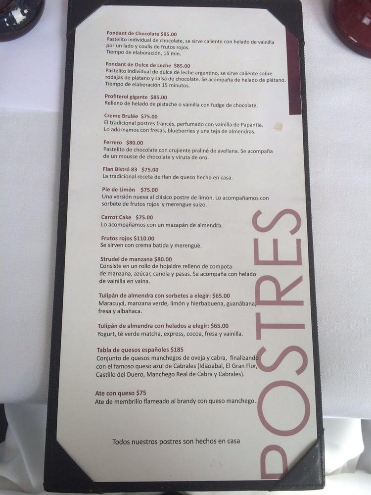 Carta del restaurante BISTRO 83, Ciudad del México, C. del la Amargura 17