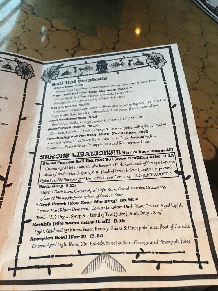 Menu at Bali Hai Restaurant, San Diego