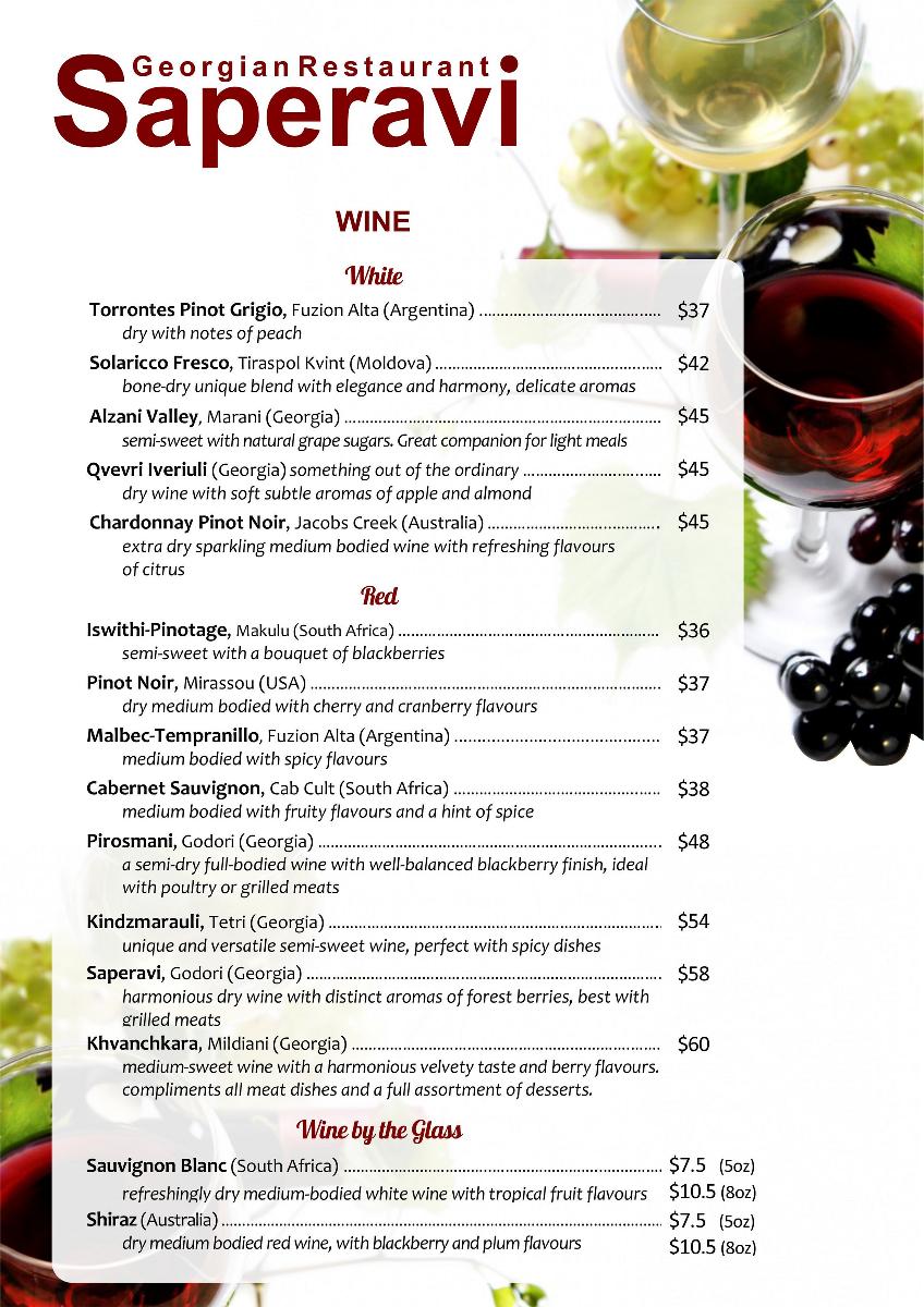 Menu at Saperavi Restaurant, Winnipeg