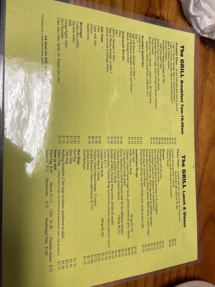 Menu at The Grill restaurant, Hawkinsville