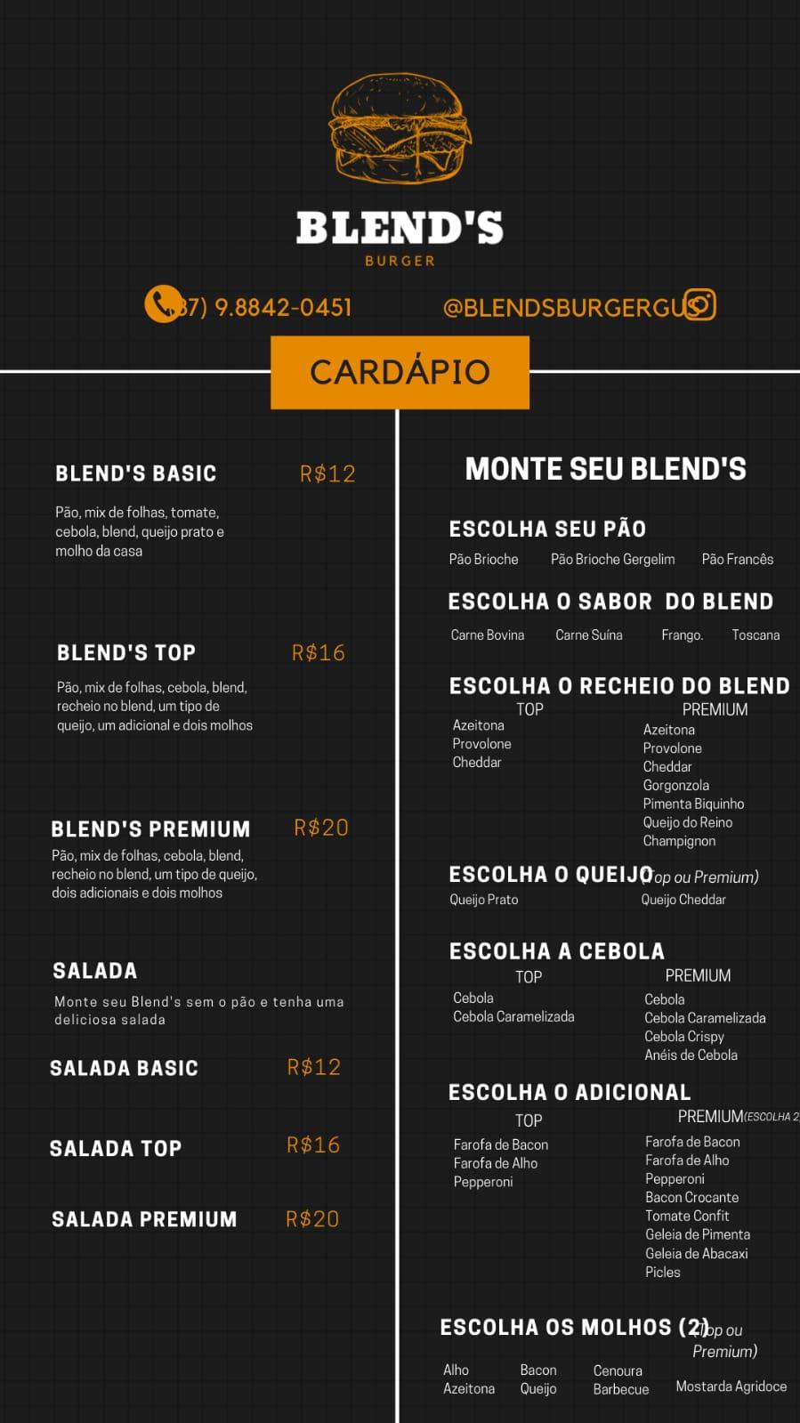 Menu at Blend's restaurant, Garanhuns