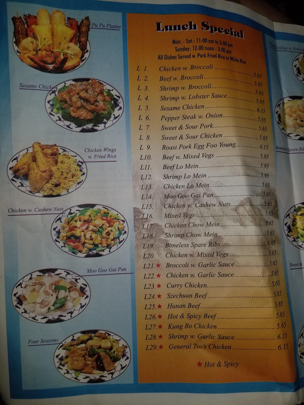 Menu at Chinatown restaurant, Yemassee