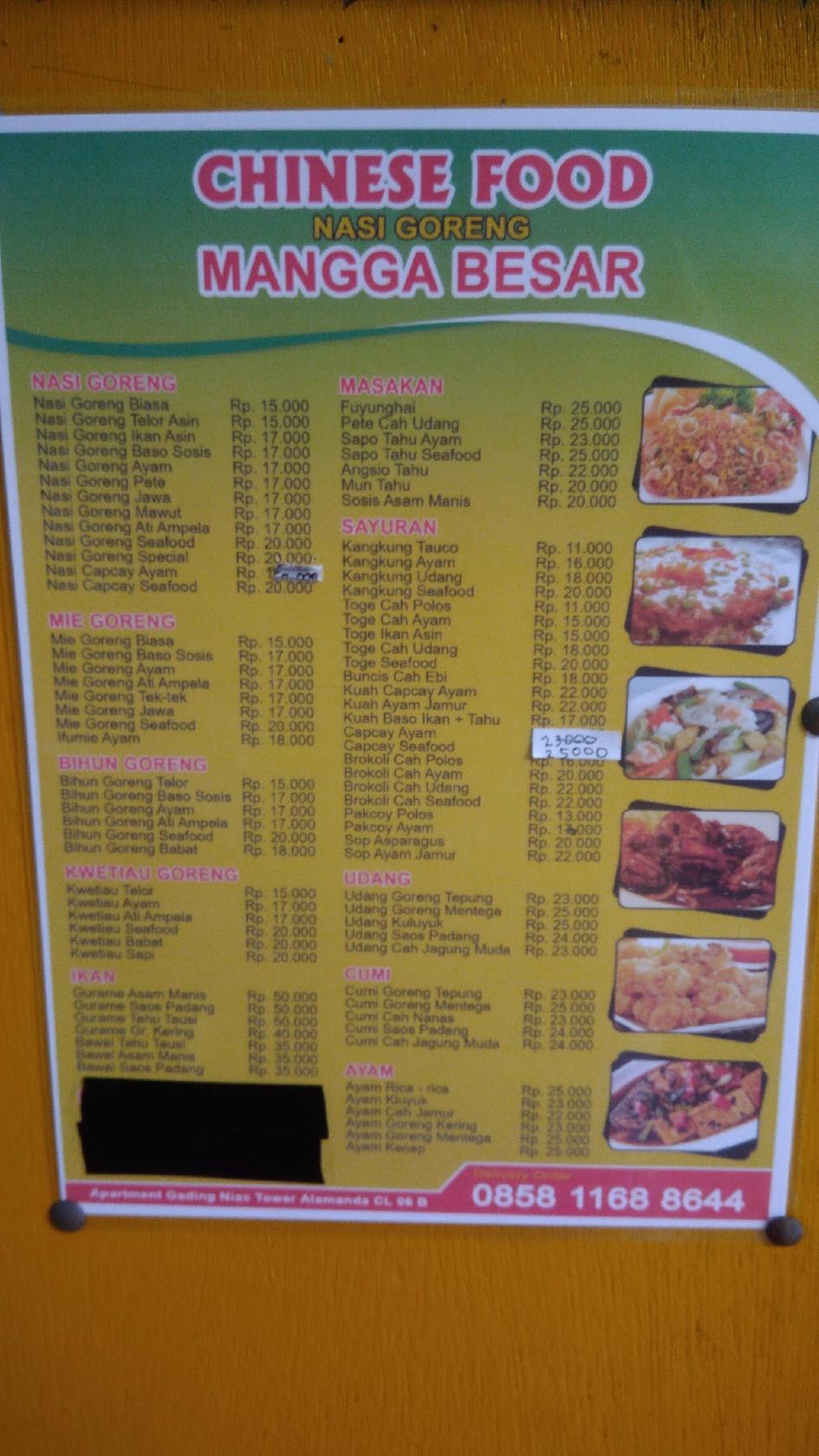 Menu at Chinese Food Nasi Goreng Mangga Besar restaurant, Jakarta