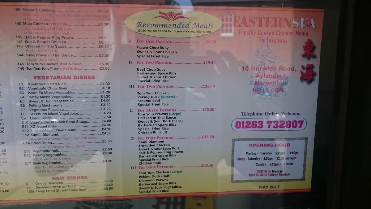Menu at Eastern Sea fast food, Hevingham