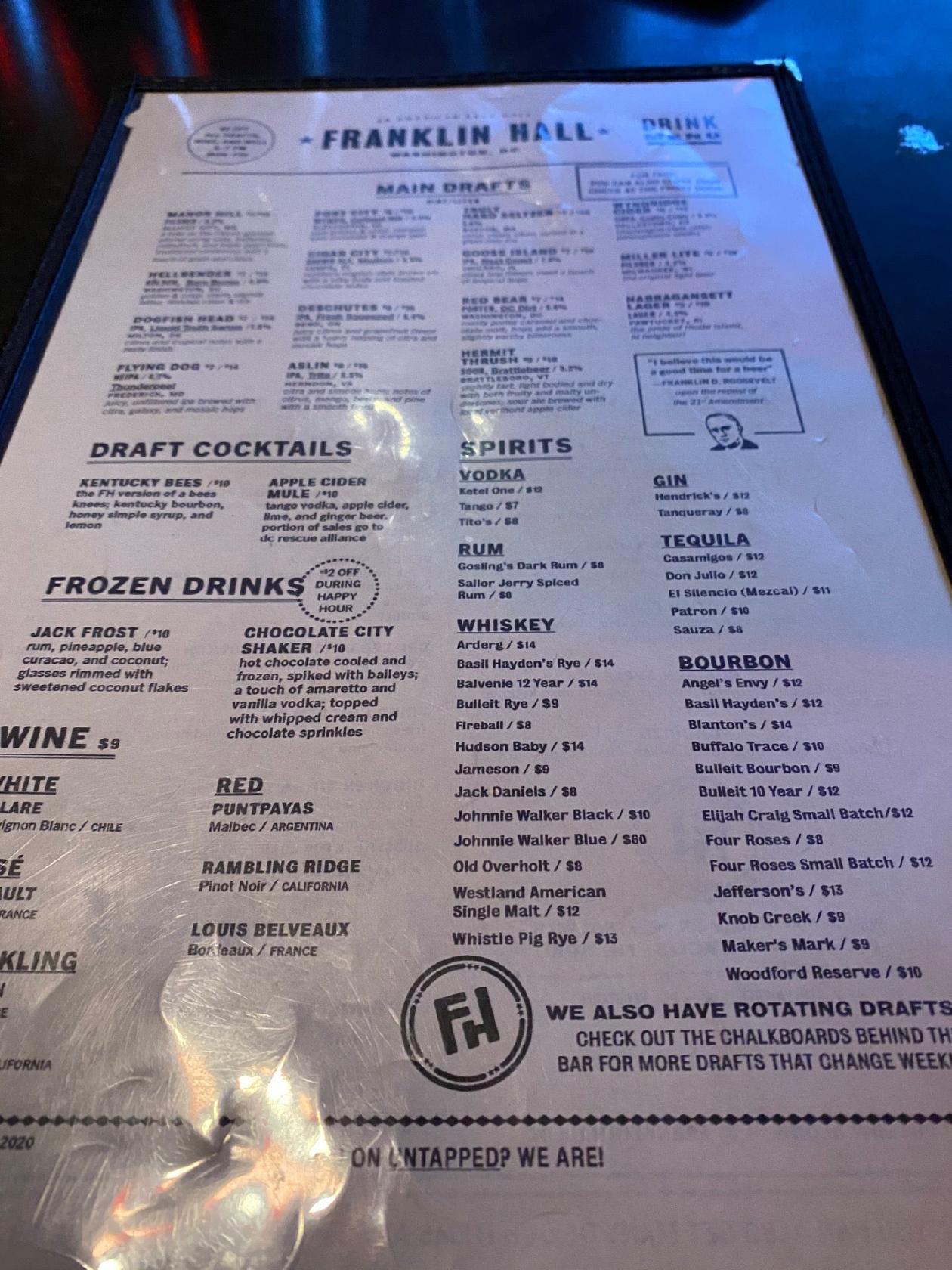 Menu at Franklin Hall pub & bar, Washington