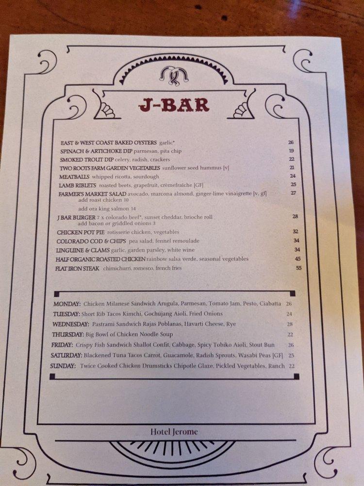 Menu at J-Bar, Aspen
