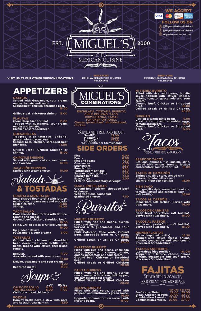 Menu at Miguel's Mexican Cuisine restaurant, Shady Cove