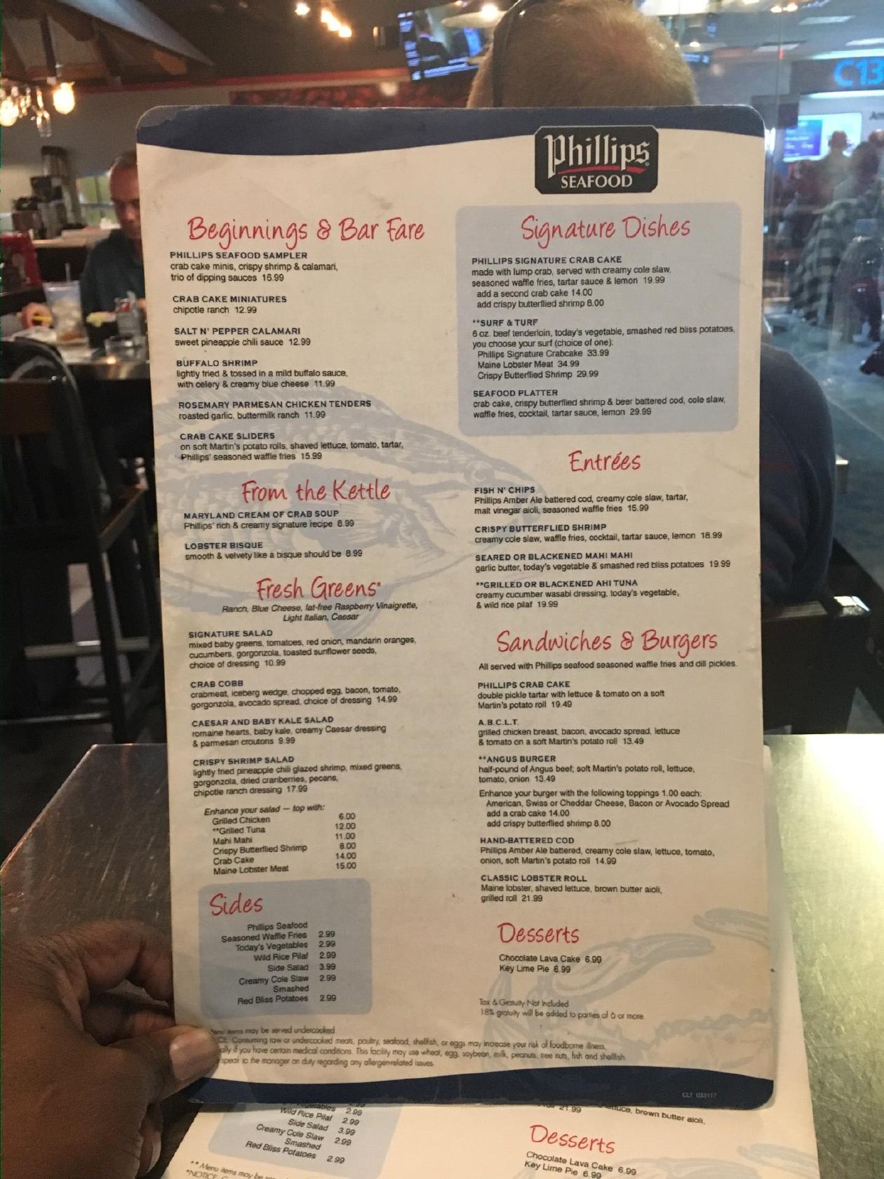Carta del restaurante Phillips Seafood, Charlotte