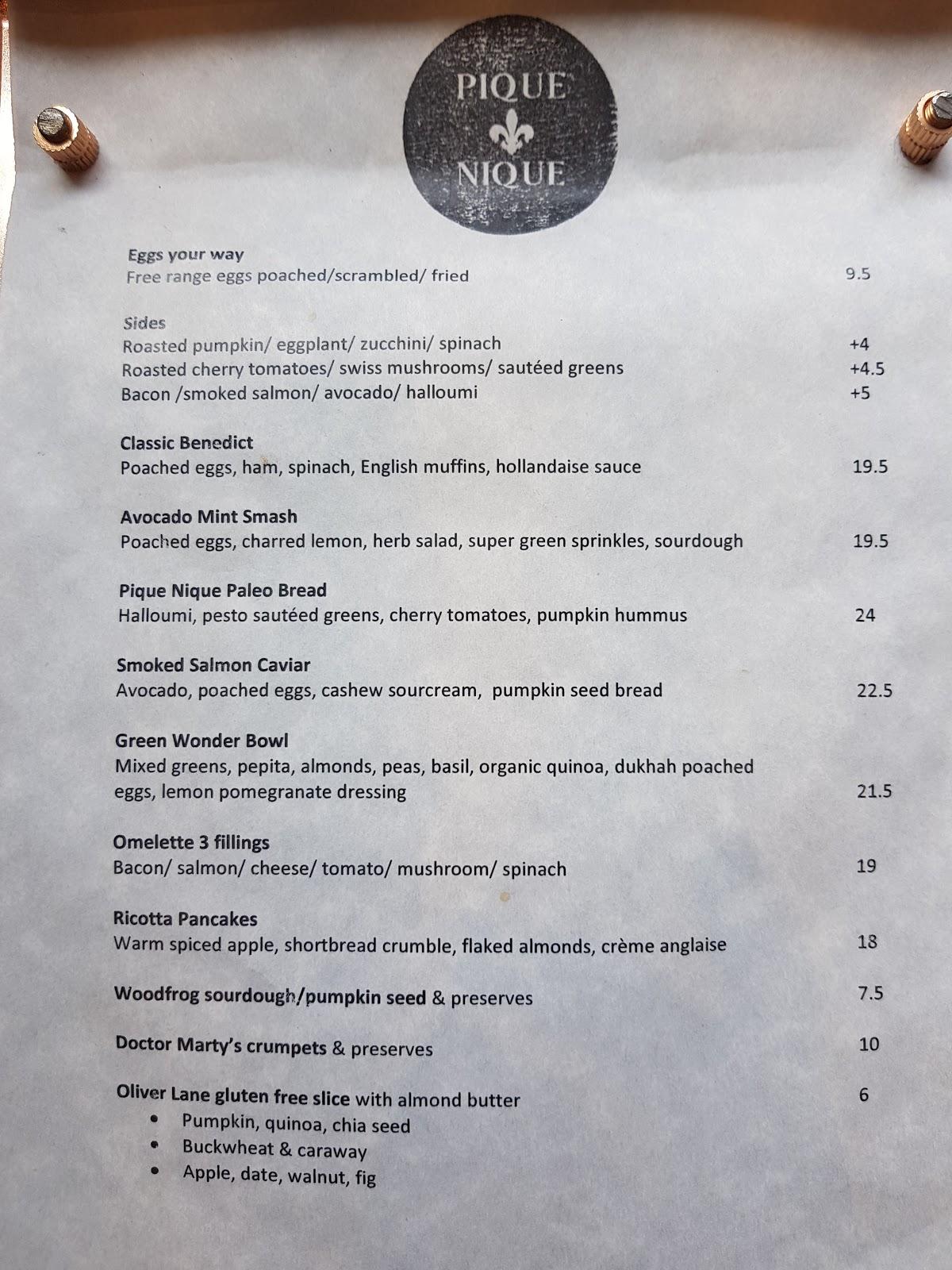 Menu at Pique Nique cafe, Armadale