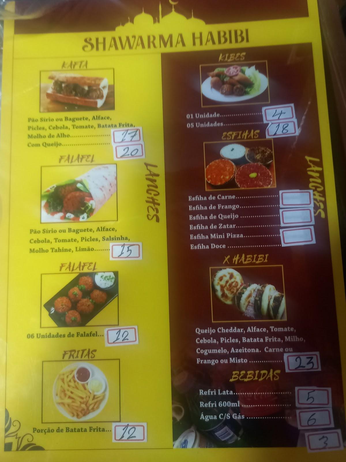 Menu at Shawarma habibi restaurant, São José