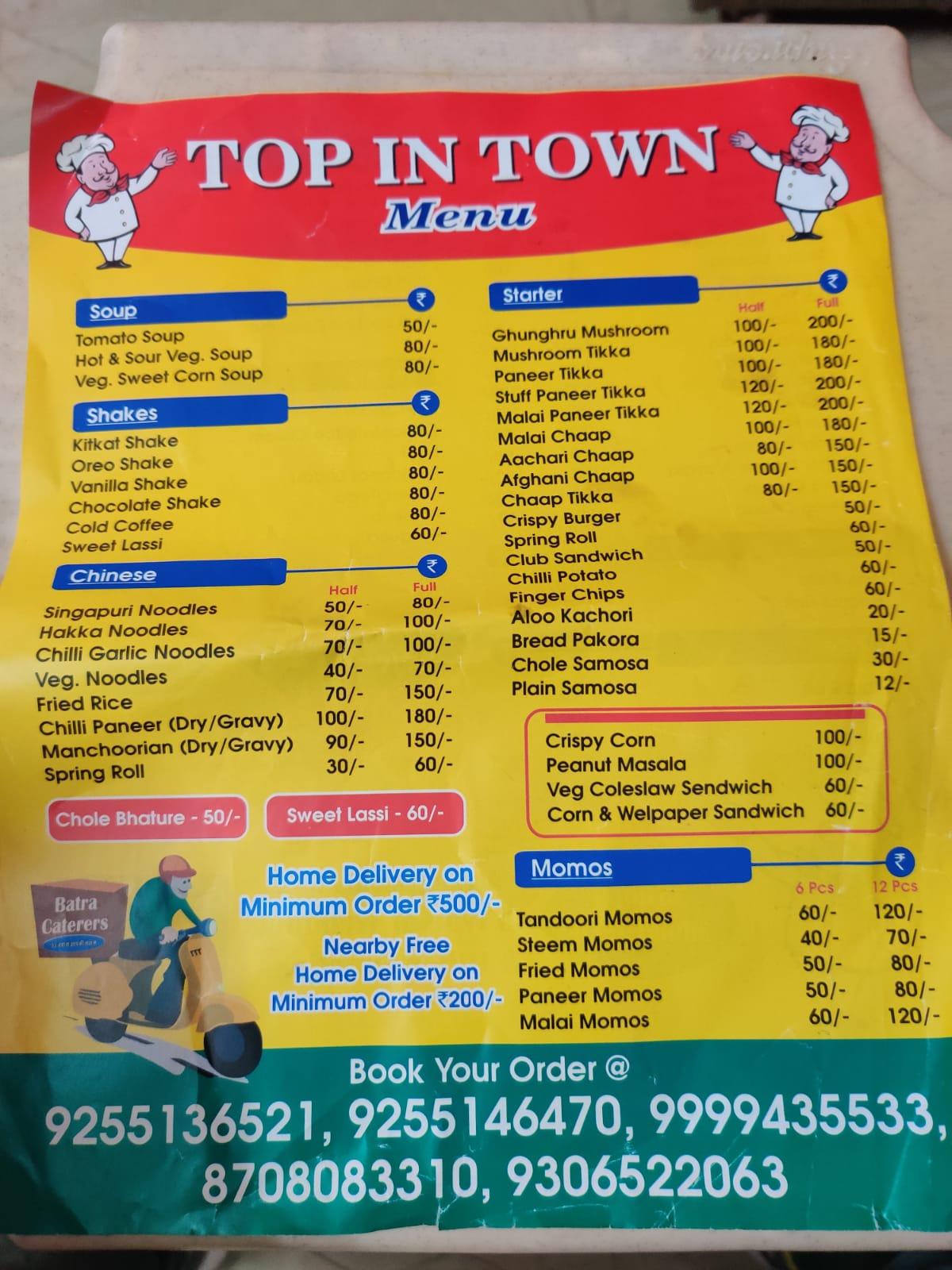 Menu at Top In Town, Sonipat, SH-11