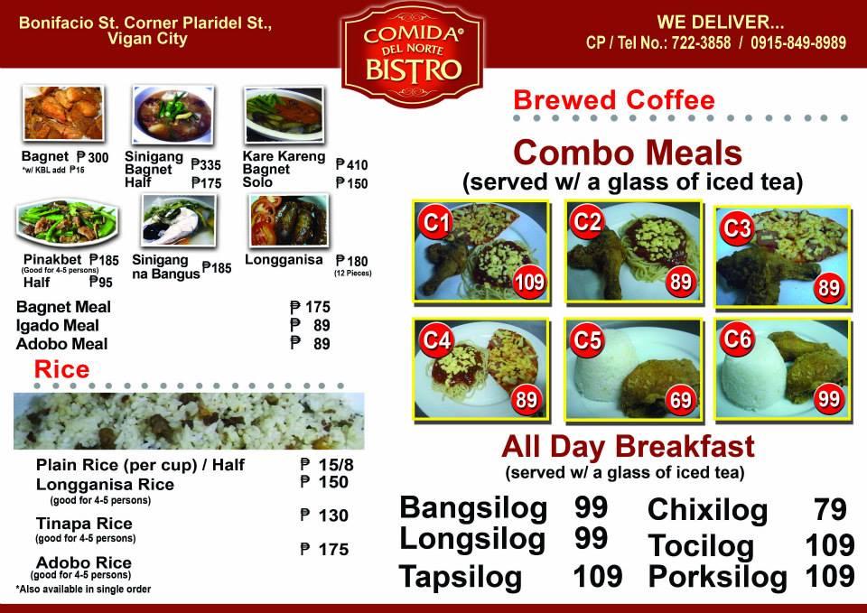 Menu at Comida del Norte Bistro restaurant, Vigan City
