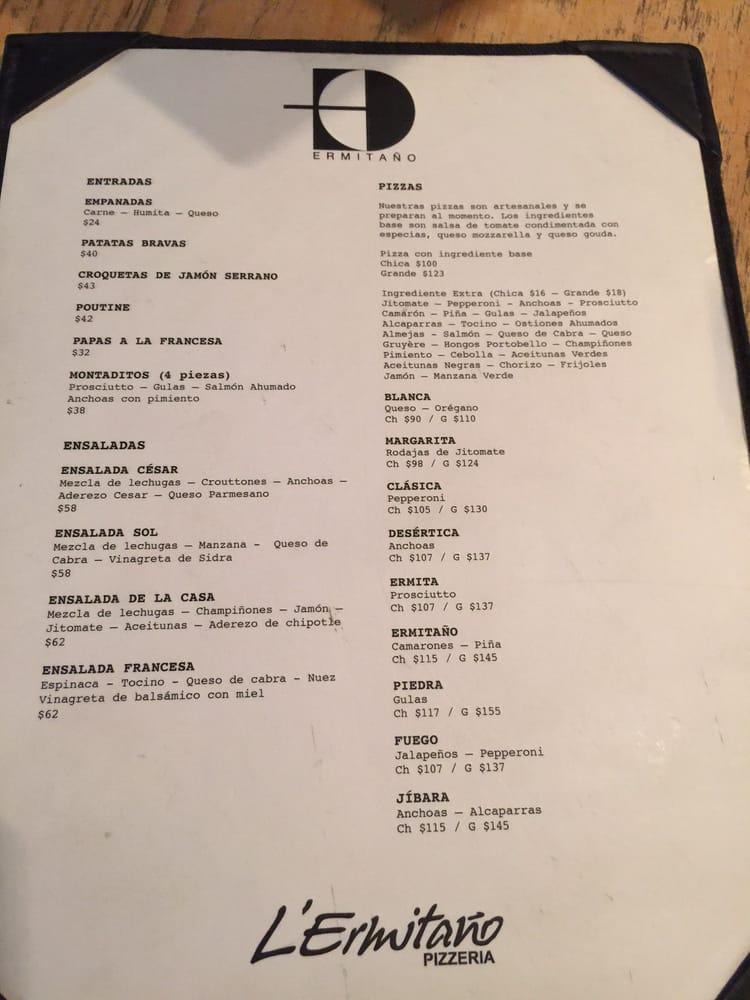Menu at L'Hermitaño pizzeria, Mexico City, Calle Hamburgo 40-42