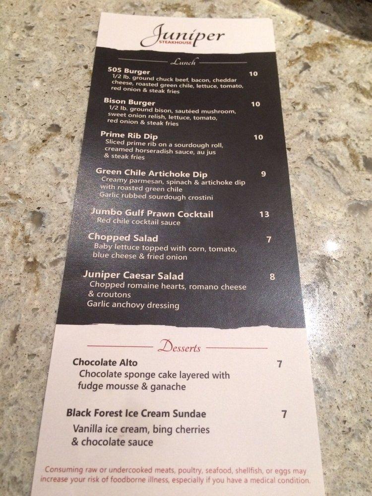 Menu at Juniper Steakhouse, Bernalillo