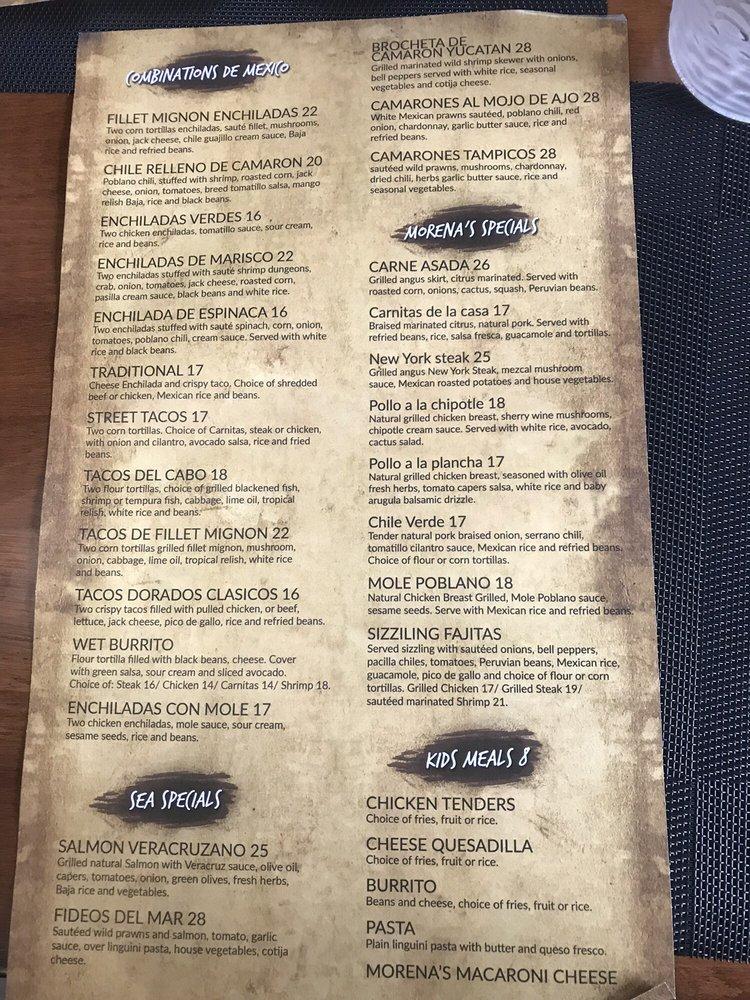 Menu at Morena’s Mexican Cuisine restaurant, Ladera Ranch