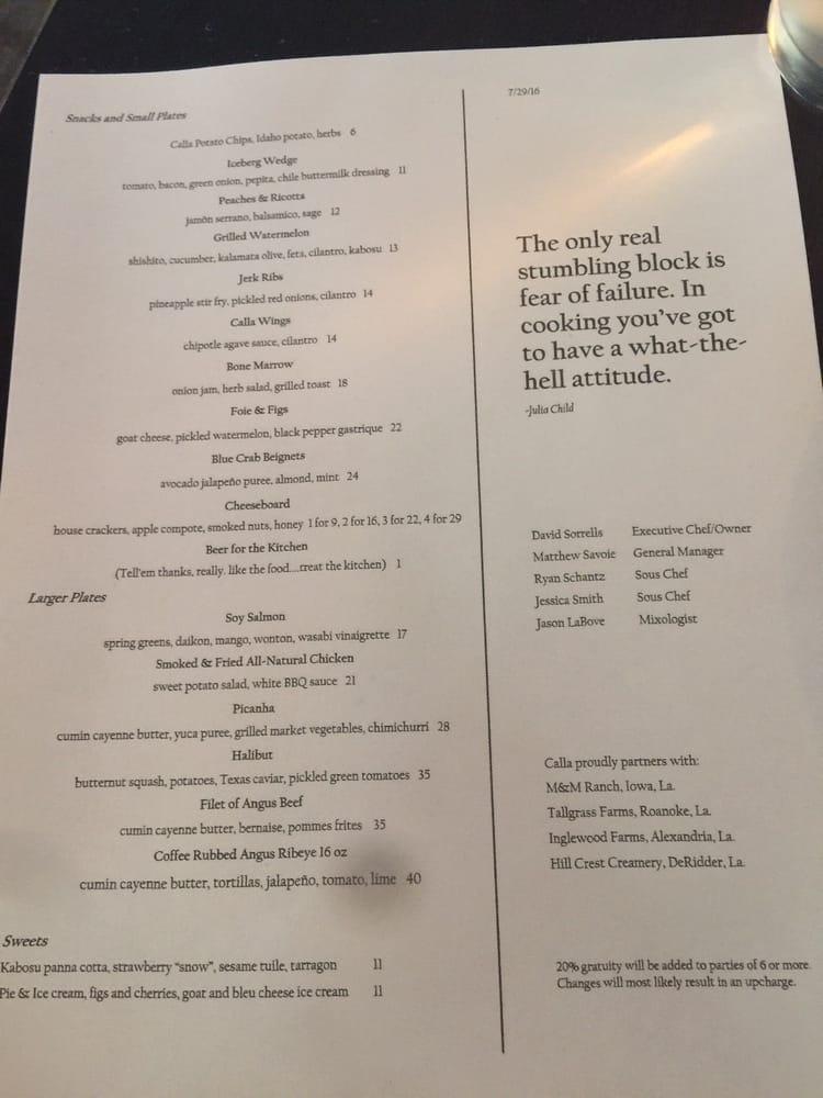 Menu at Restaurant Calla, Lake Charles