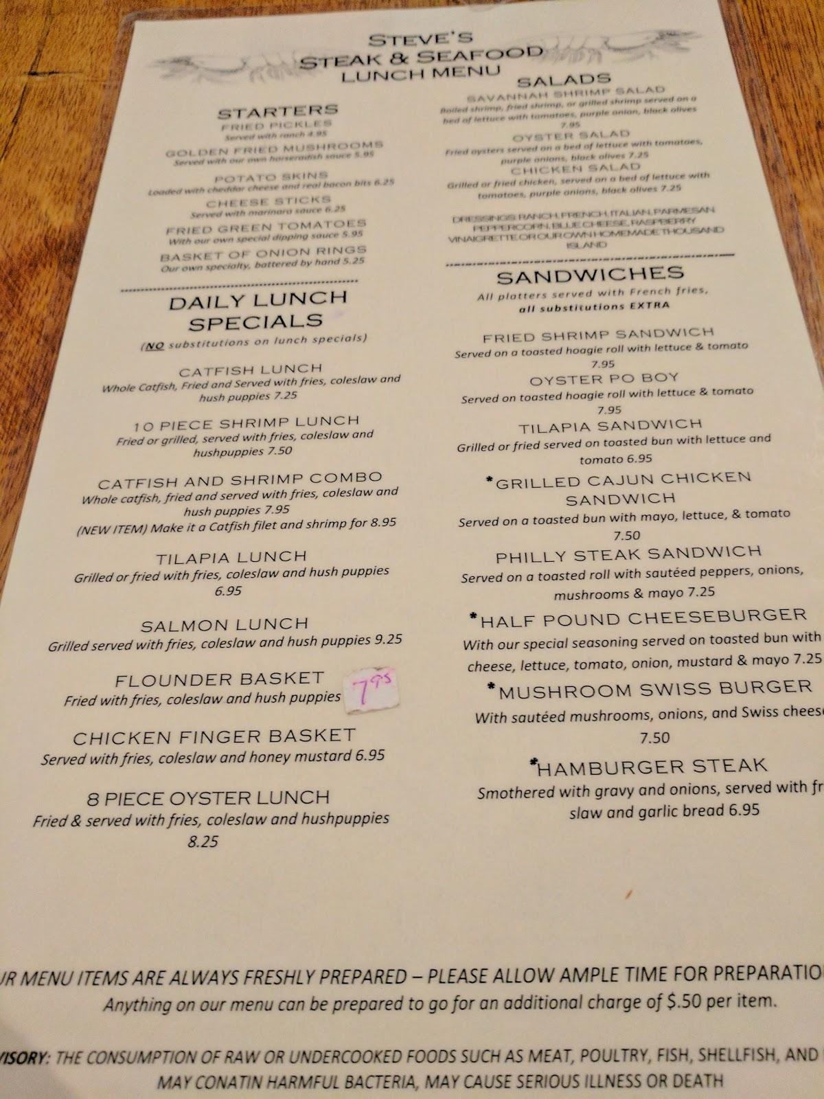 Menu at Steve's Steak & Seafood steakhouse, Macon