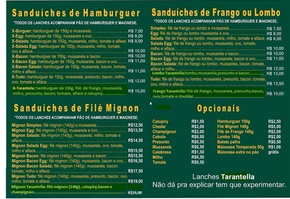 Menu at Tarantella Vanderlea pizzeria, Três Corações