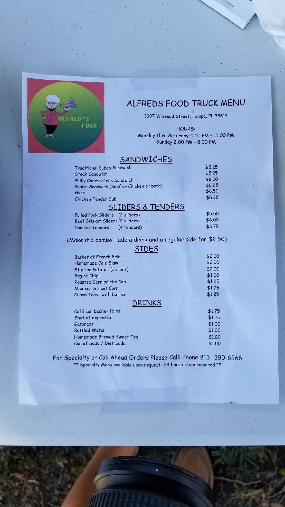 Menu at Alfred's Food Truck restaurant, Tampa