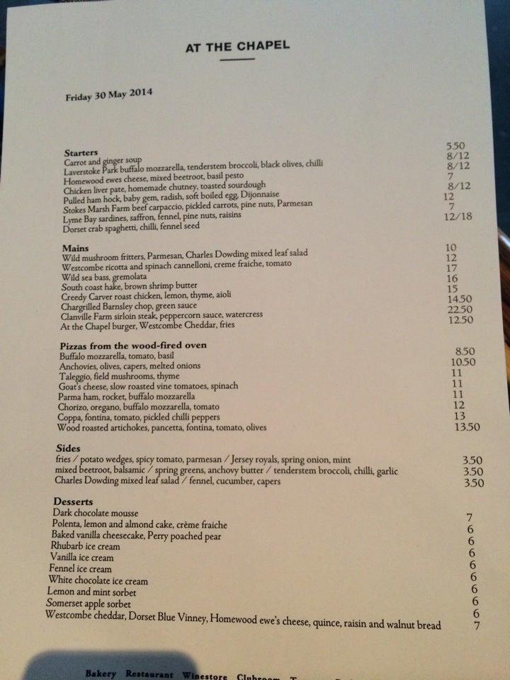 Menu at At the Chapel pizzeria, Bruton