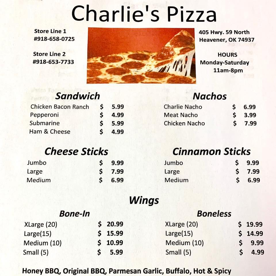 Menu at Charlie’s Pizza and More restaurant, Heavener