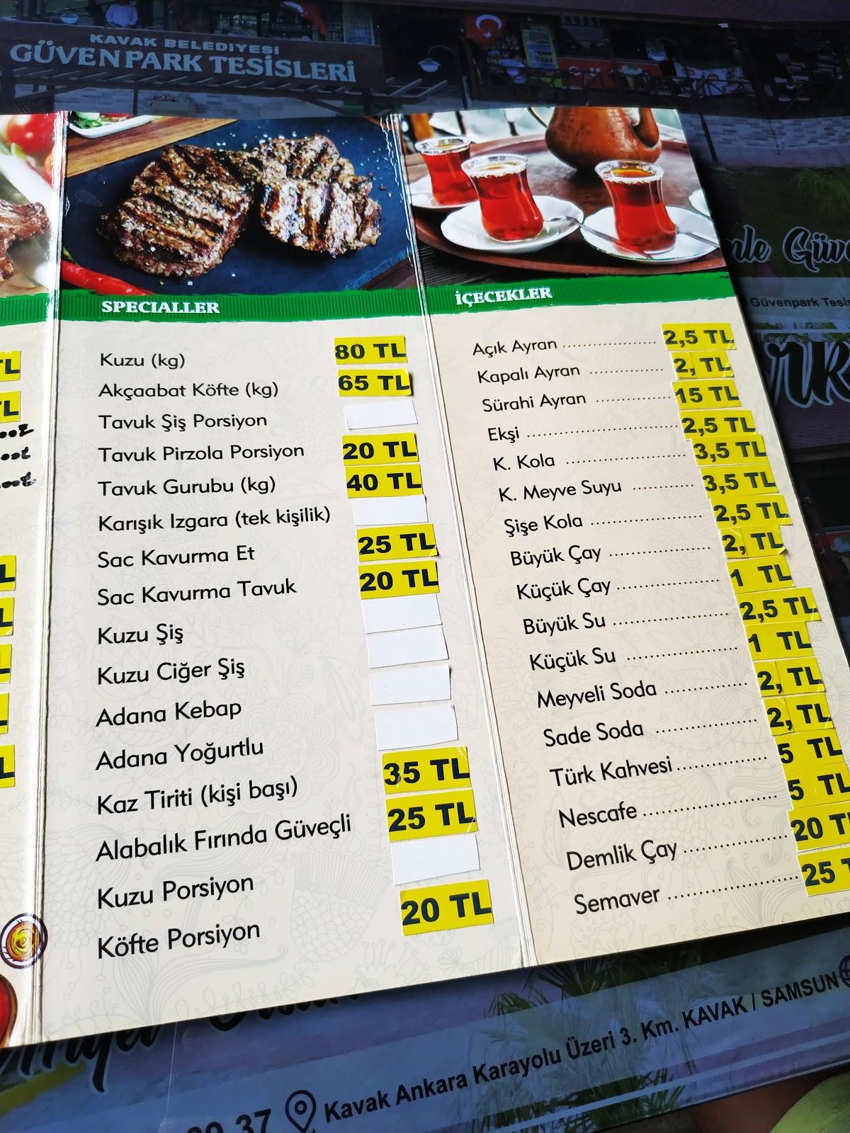 Menu at KAVAK BELEDİYESİ GüvenPark Dinlenme Tesisi, Turkey