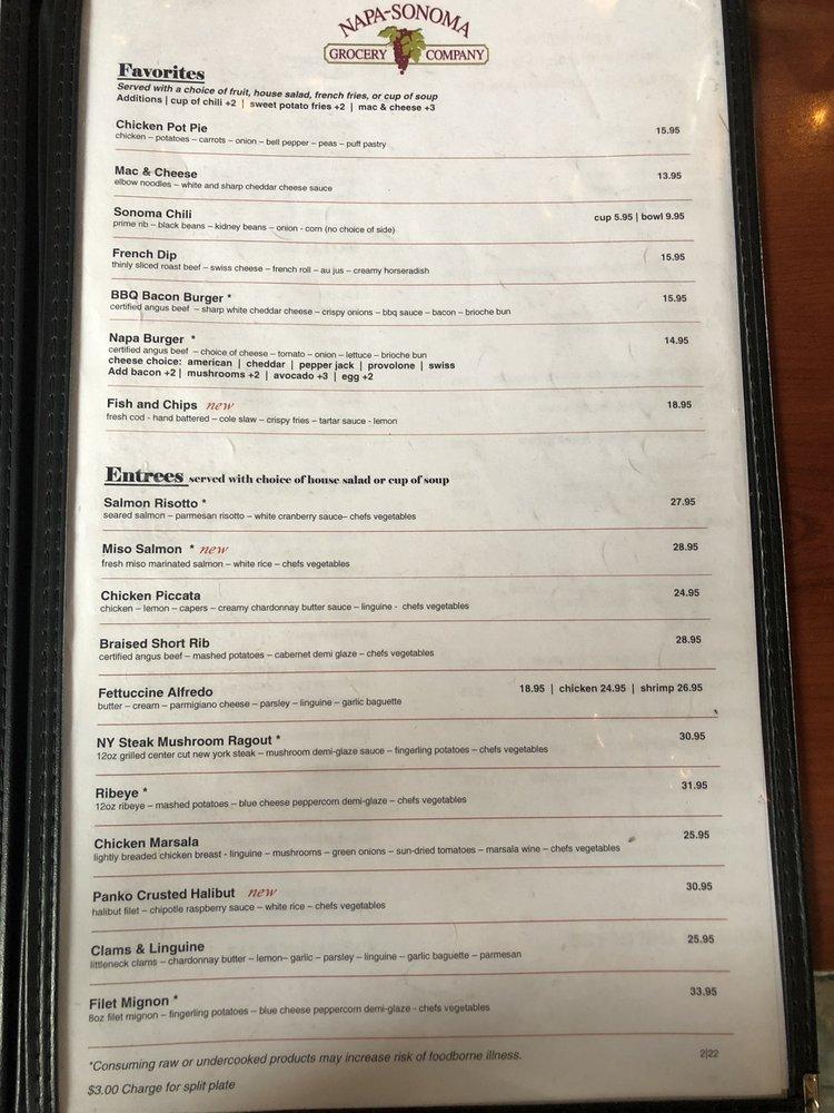 Menu at Napa Sonoma Grocery Co pub & bar, Reno