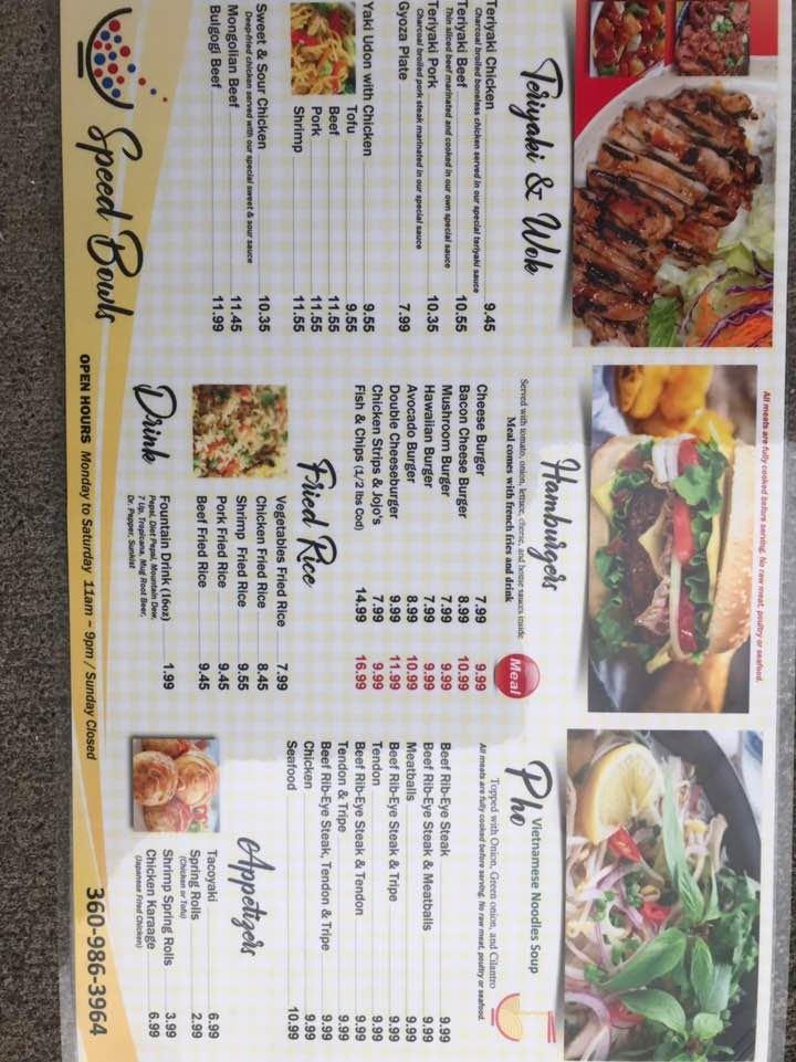 Menu at SpeedBowl restaurant, Hoquiam