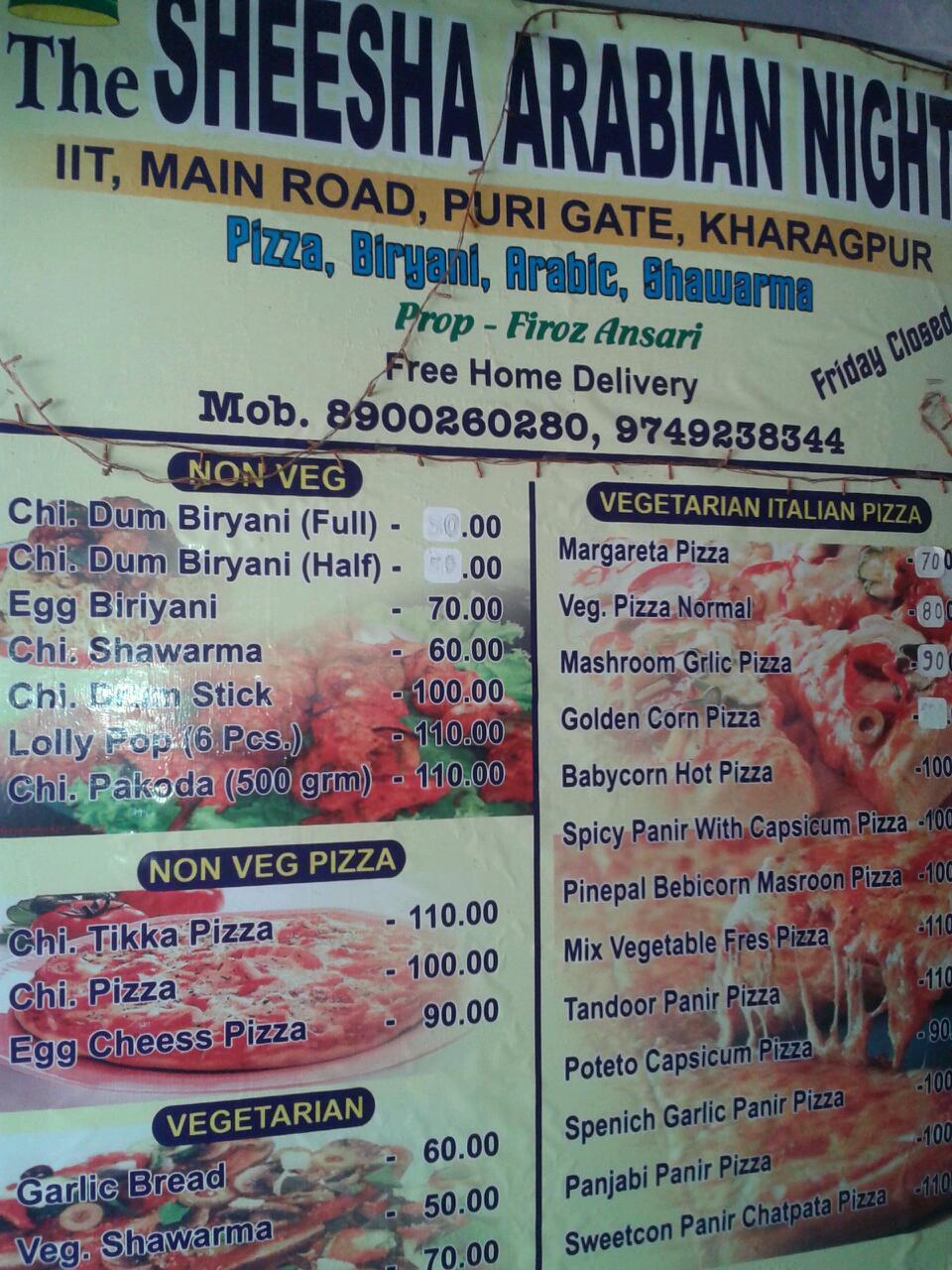 Menu at The Sheesha Arabian Nights, Kharagpur