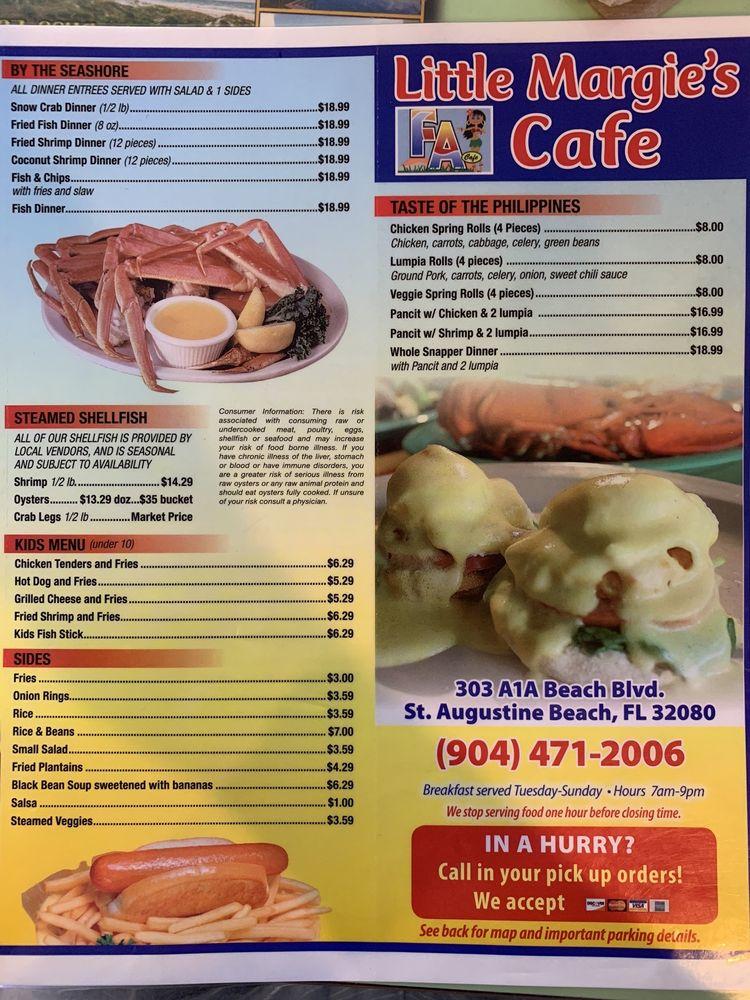 Menu at Little Margie's FA Café restaurant, St. Augustine