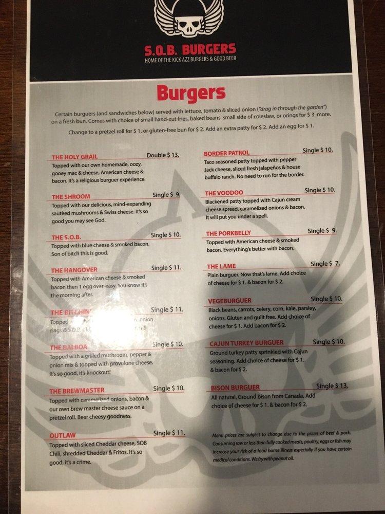 Menu at S.O.B. Burgers pub & bar, Bradenton