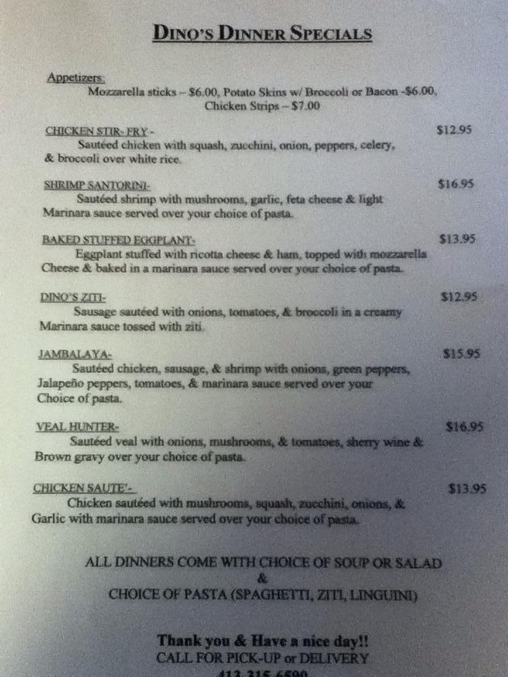 Menu at Dino's Pizza pizzeria, Holyoke