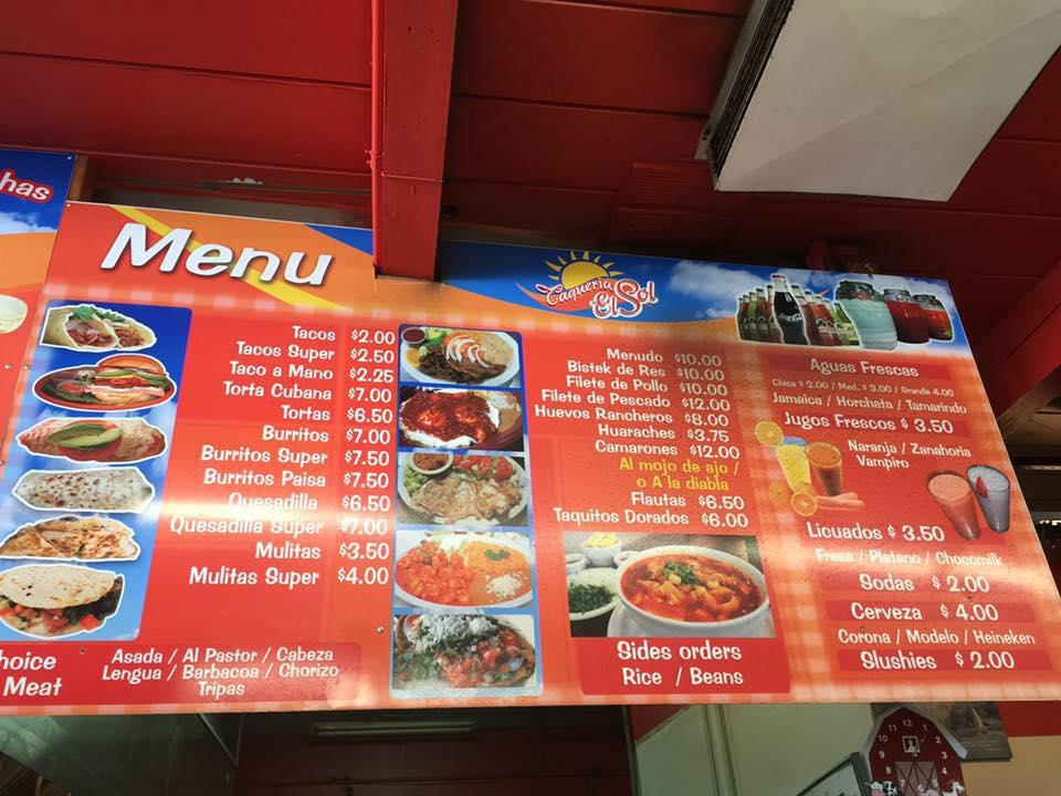 Menu at El Sol Market restaurant, San Jose