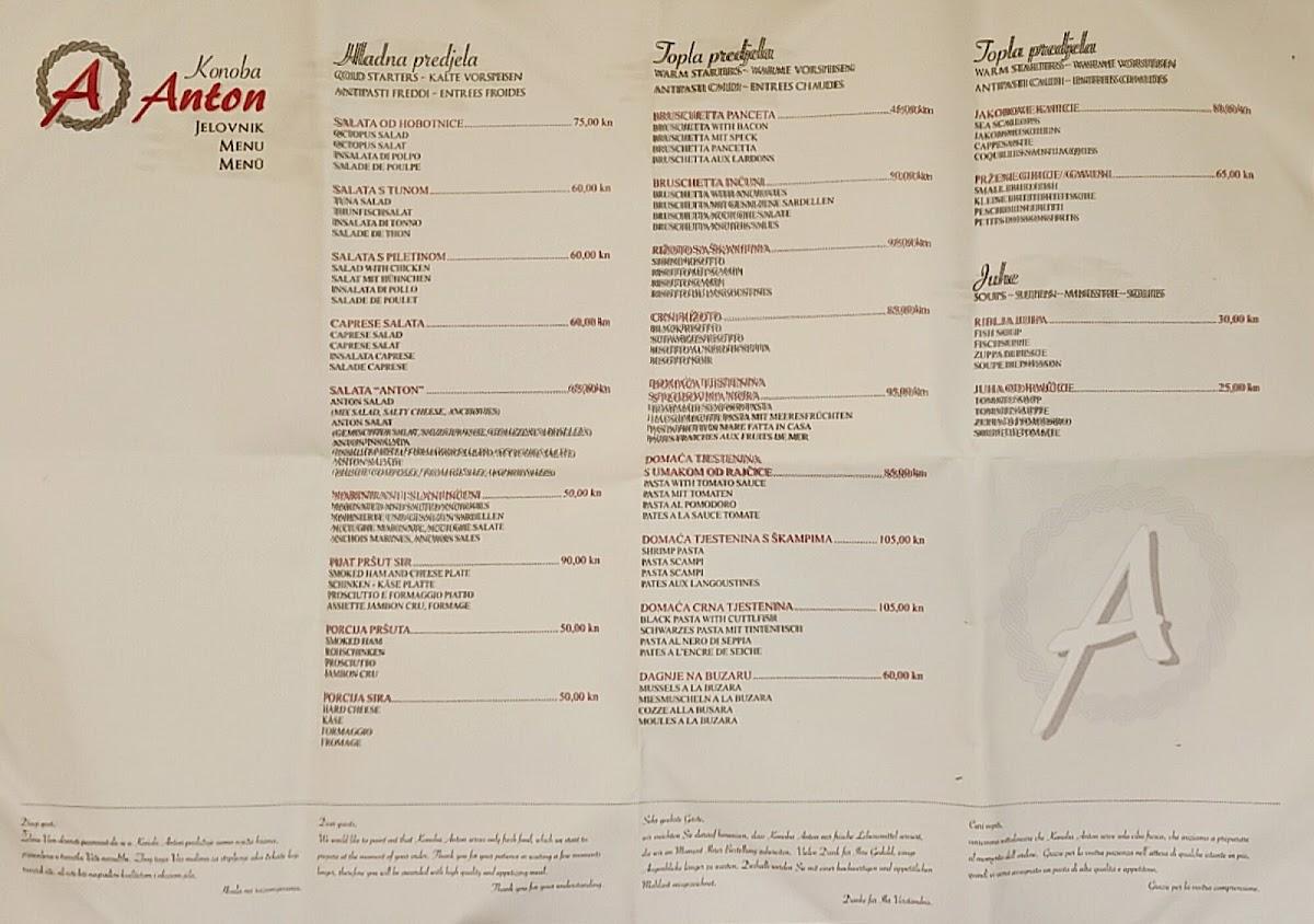 Menu at Konoba Anton restaurant, Sukošan