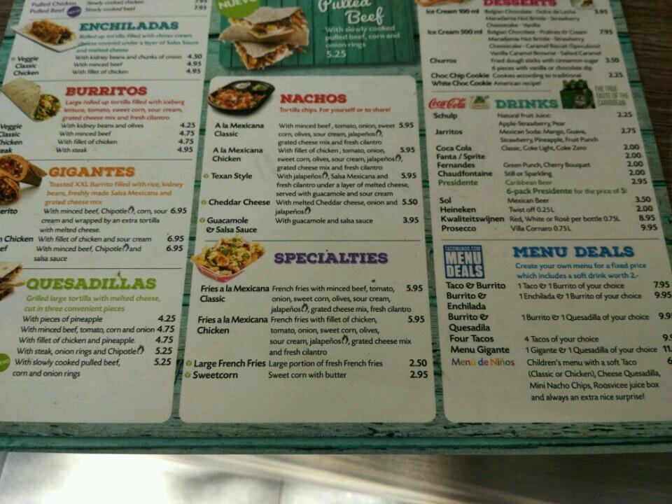 Menu at Taco Mundo Amsterdam Oud-Zuid, Amsterdam, Ceintuurbaan 235