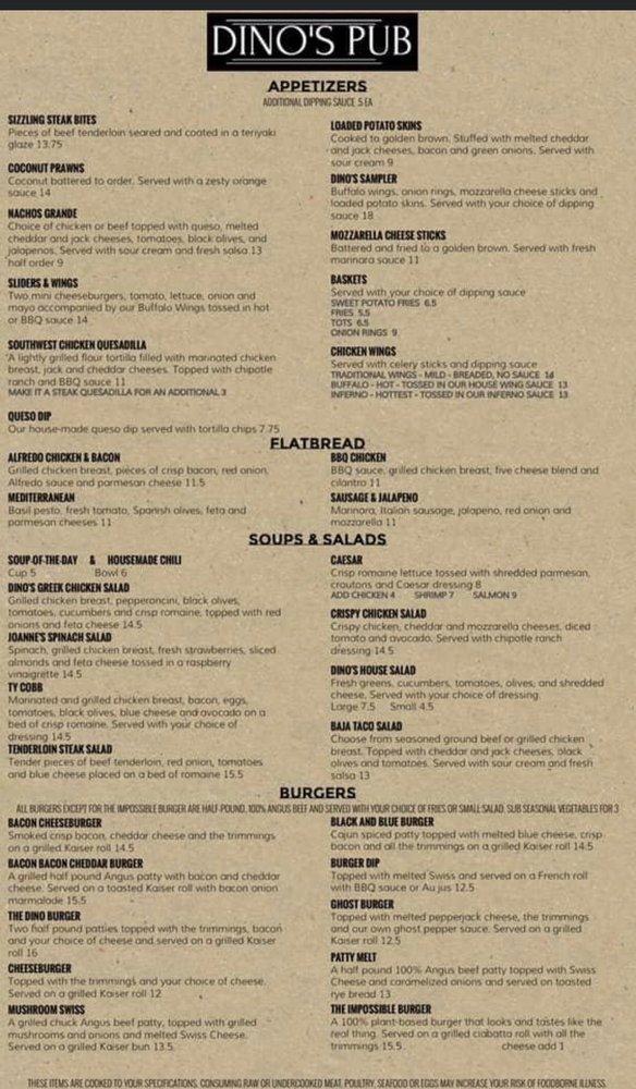 Menu at Dino's Pub, Renton